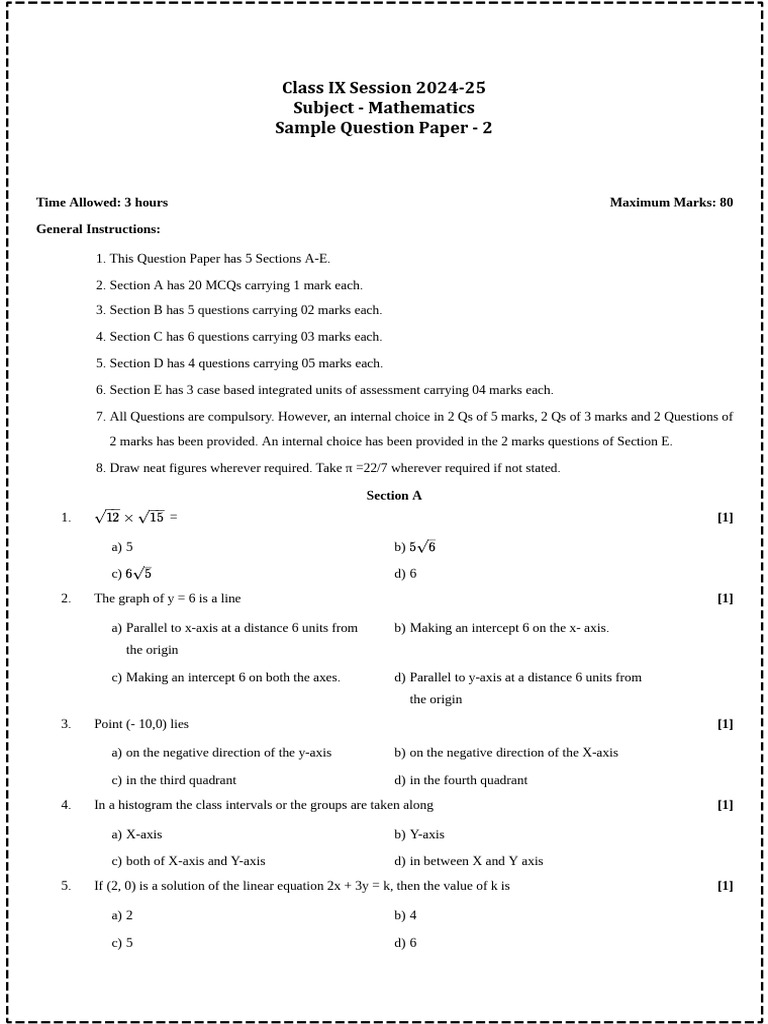 Sample Paper - 2 Maths Questions | PDF | Cartesian Coordinate System | Area
