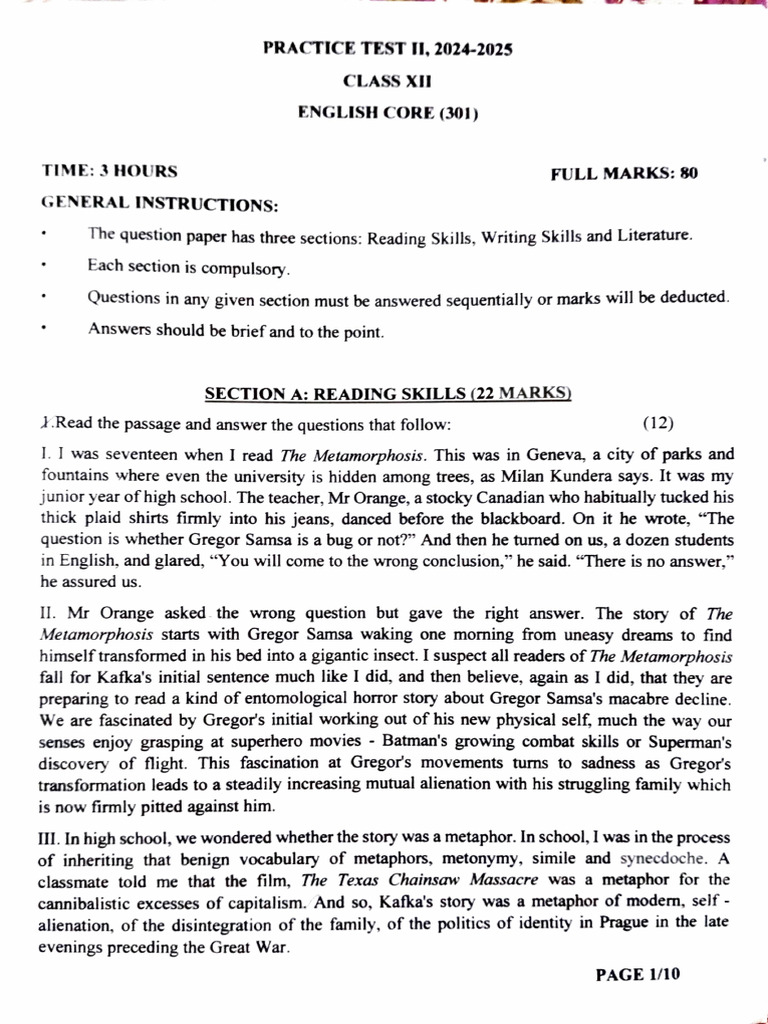 Eng Practice test 2 SPHS | PDF | The Metamorphosis | Coffee