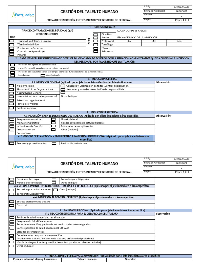 Gestión Del Talento Humano: Formato de Inducción, Entrenamiento Y Reinducción de Personal. 1 2 ...