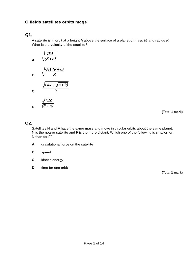 Satellite Orbits MCQs and Answers | PDF | Orbit | Mass