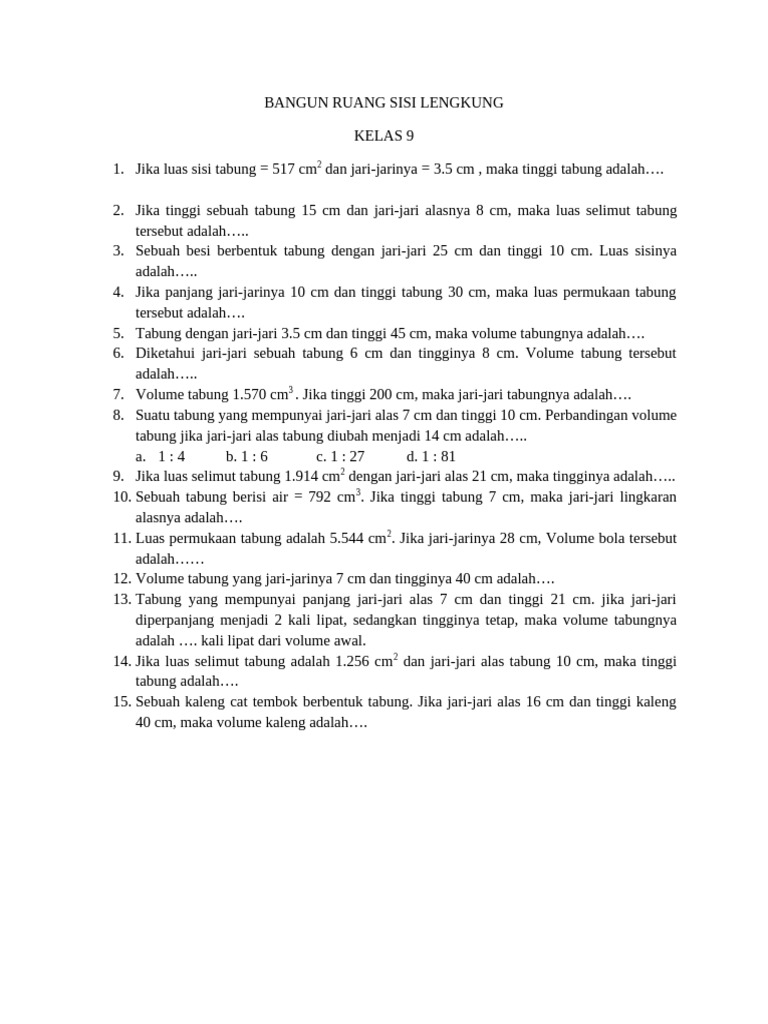 Latihan Soal Matematika Bangun Ruang Sisi Lengkung Kelas 9 MTS | PDF