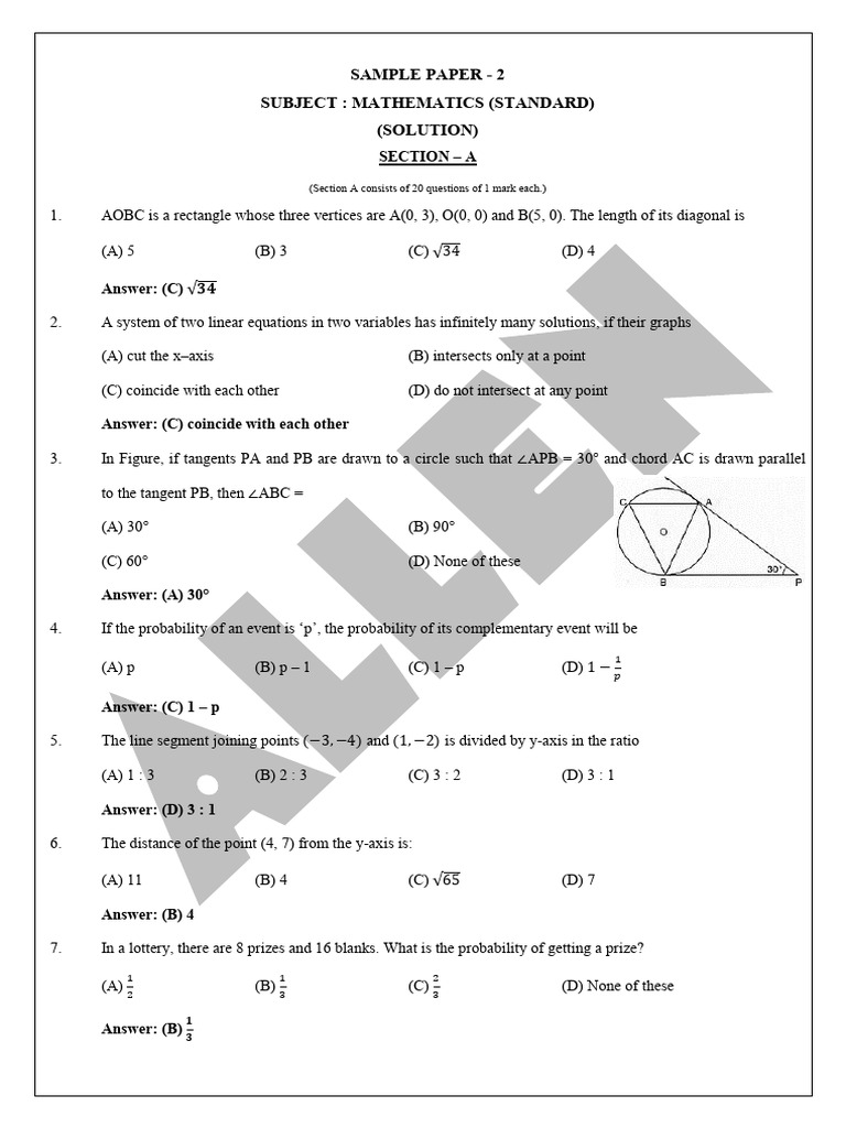 Maths Standard Sample Paper 2 | PDF | Circle | Area