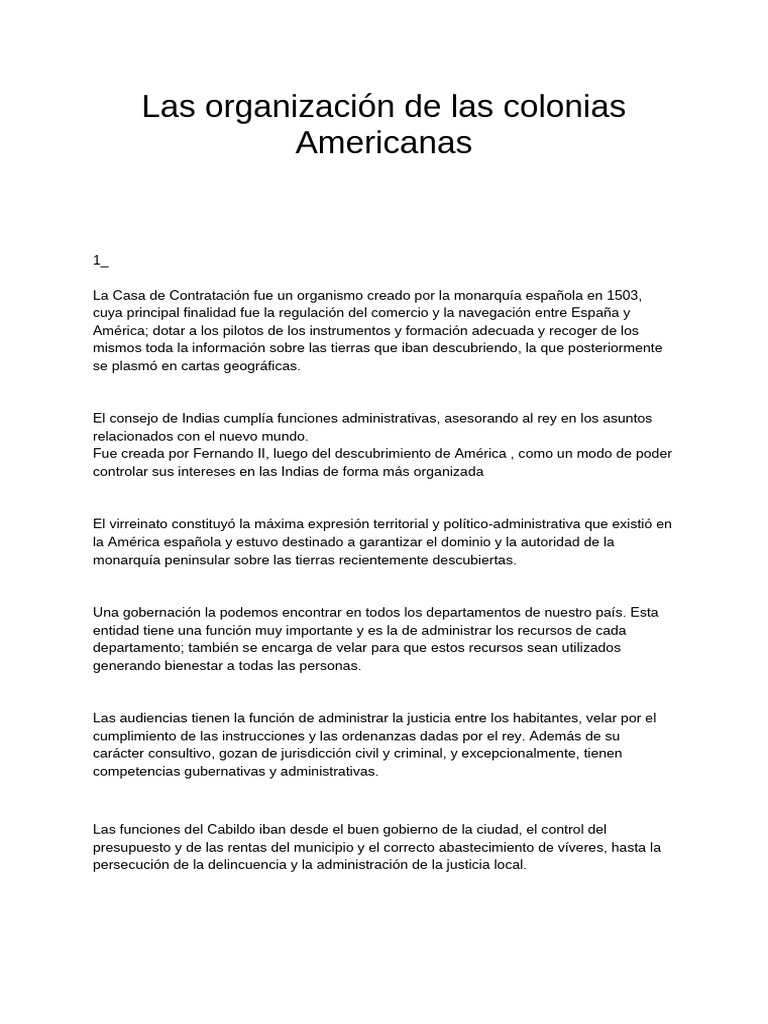 Las organización de las colonias Americanas | PDF | Imperio español ...