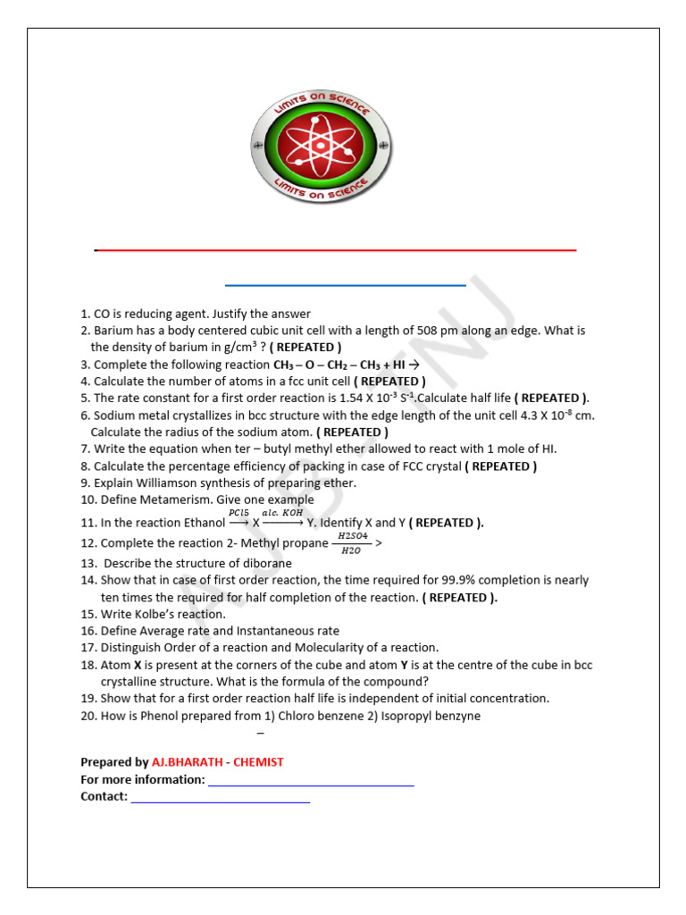 12th Chemistry PTA and Previous Exam Compulsory Questions English ...