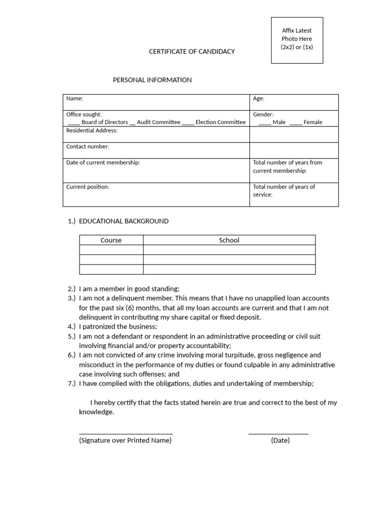 Certificate of Candidacy Form Template | PDF
