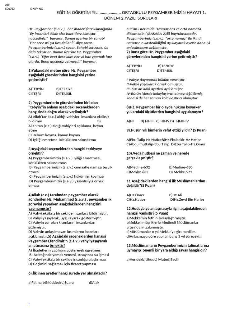 Sinif Siyer 1.donem 2.yazili Sorulari | PDF