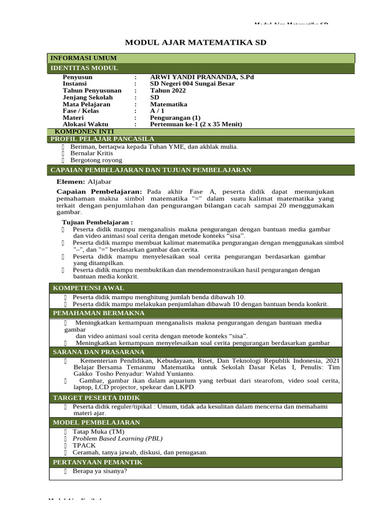 Modul MTK Pengurangan | PDF