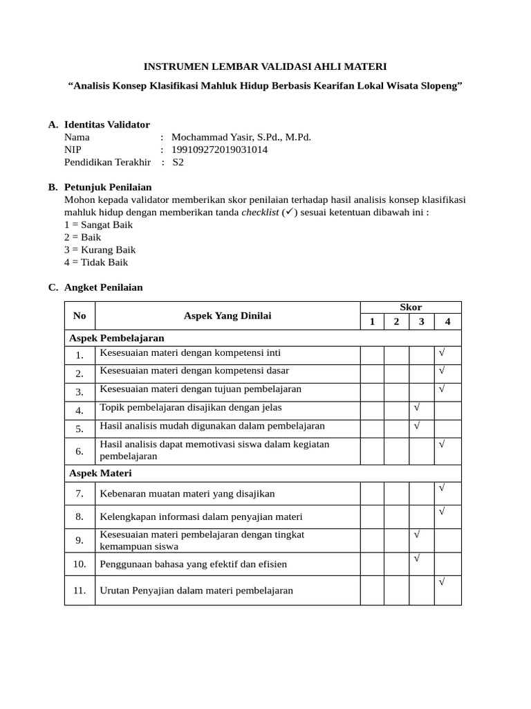 Instrumen Lembar Validasi Ahli Materi Riset | PDF