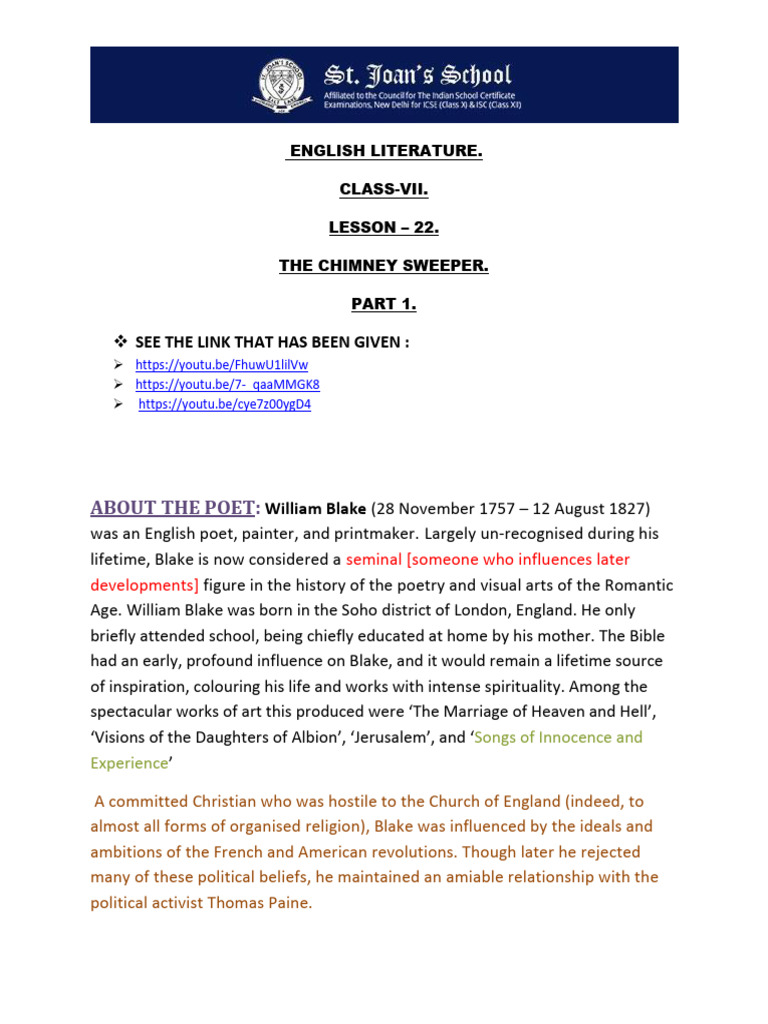 CL Vii-English Literature-Lesson 22-The Chimney Sweeper - Part 1. | PDF ...