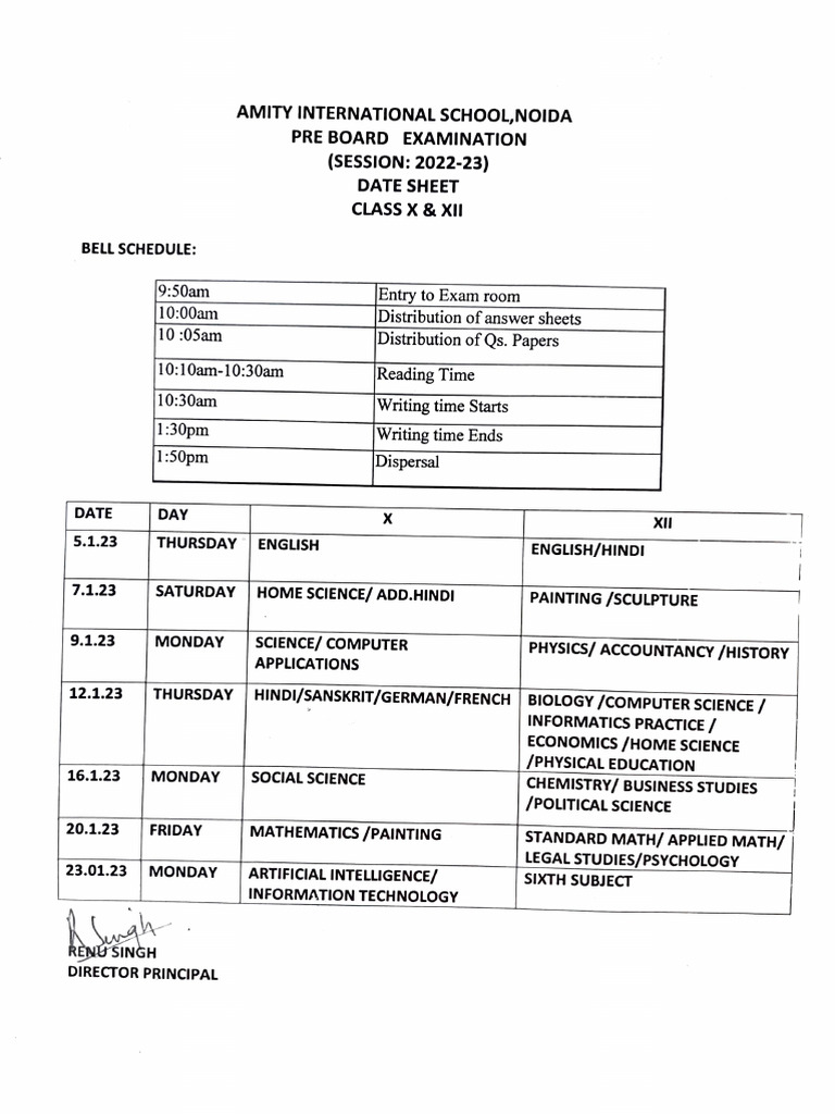 Pre Board Exam Date Sheet 2022-23 | PDF