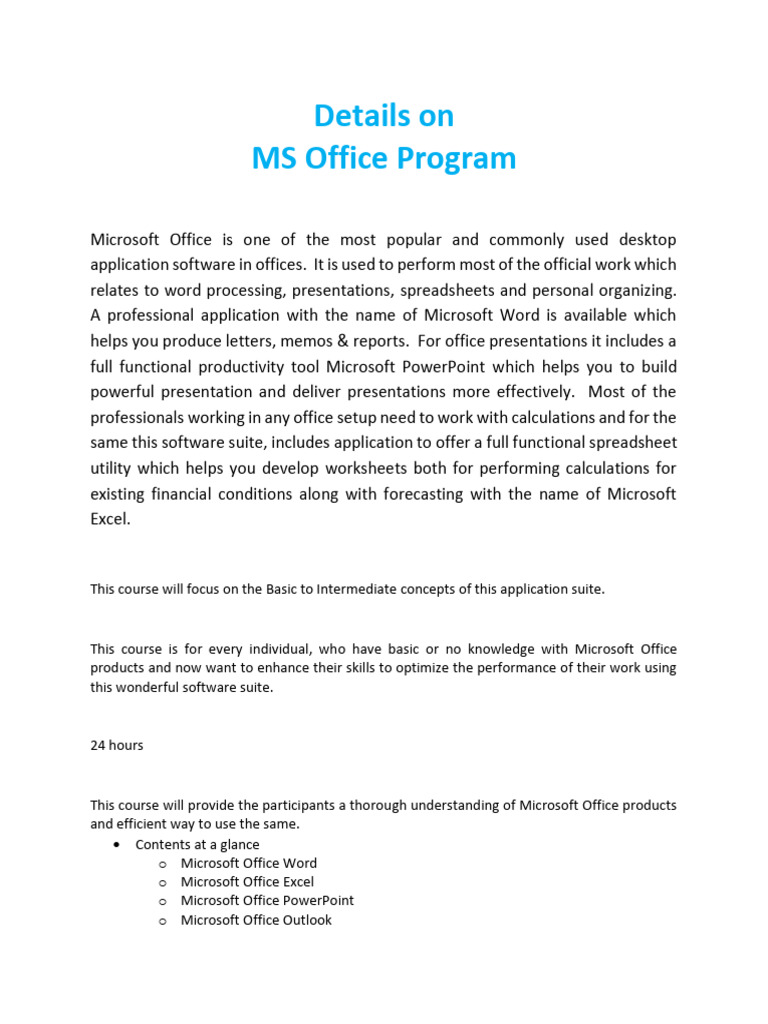 MS Office Course Details | PDF | Microsoft Excel | Microsoft Office