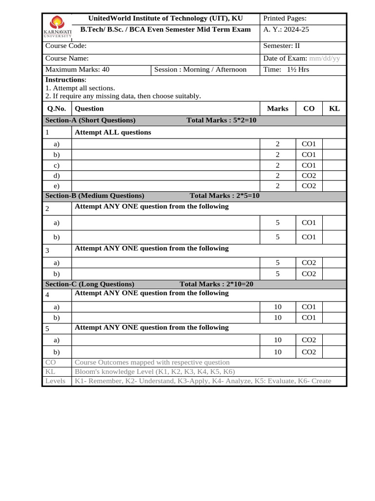 Mid Sem Exam Question Paper Format Word | PDF
