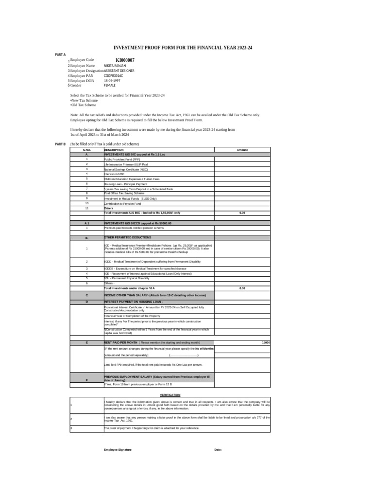 INVESTMENT DECLARATION Nikita | PDF | Money | Taxation