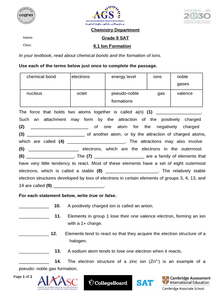 Grade 9 Chemistry: Ion Formation Quiz | PDF | Ion | Periodic Table