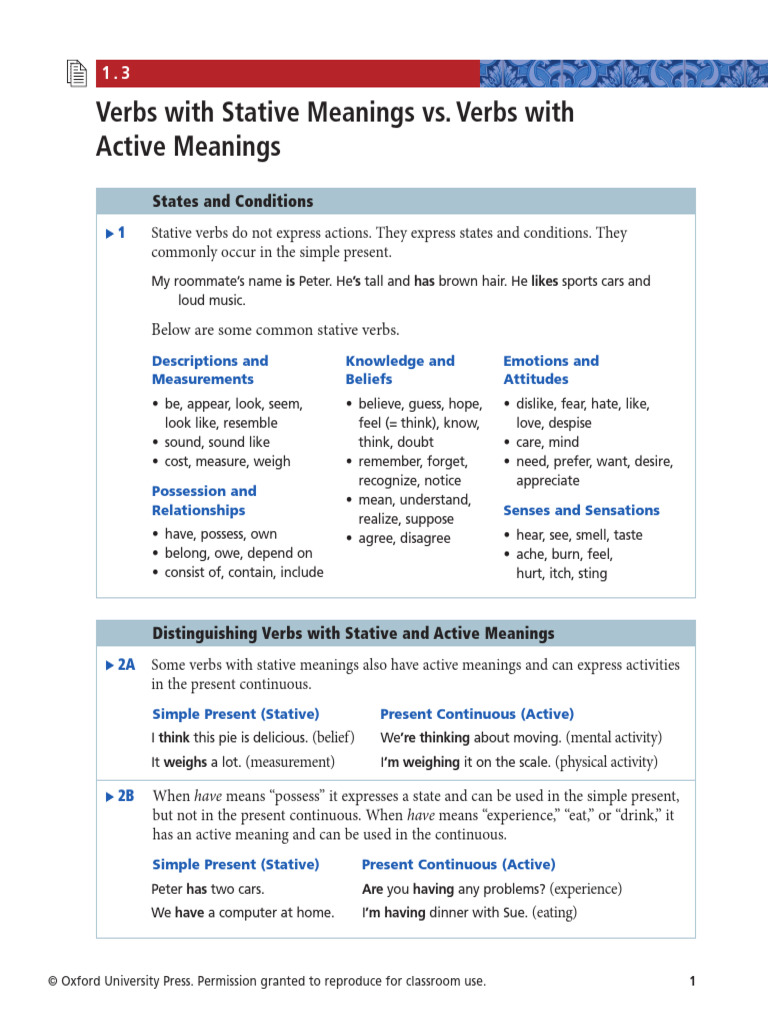 Verbs With Stative Meanings vs. Verbs With Active Meanings | PDF ...