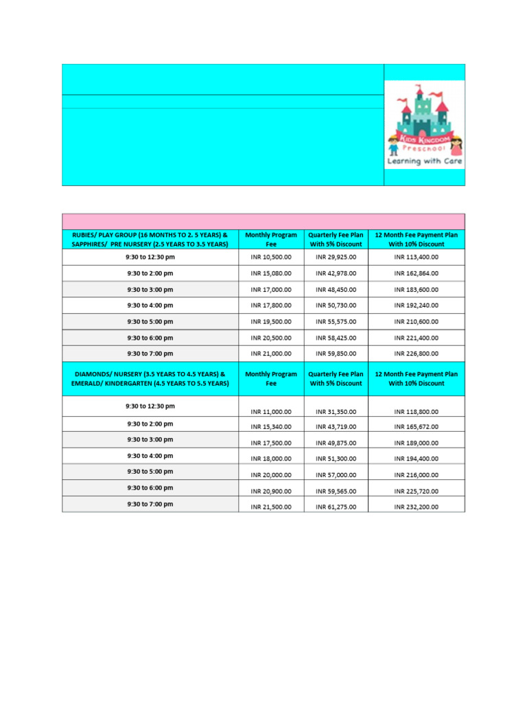 Kids Kingdom School Fee Structure 2024-25 | PDF | Fee | Payments