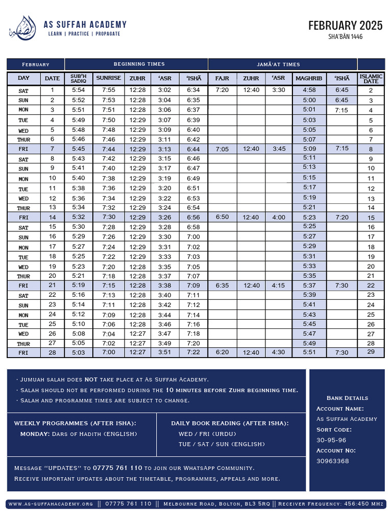 February 2025 Namaz Timetable | PDF | Worship | Semitic Words And Phrases