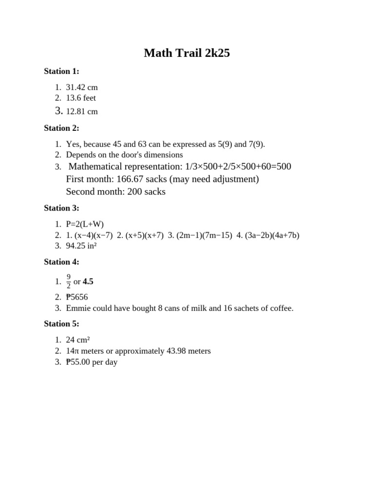 Math Trail Answer Key | PDF