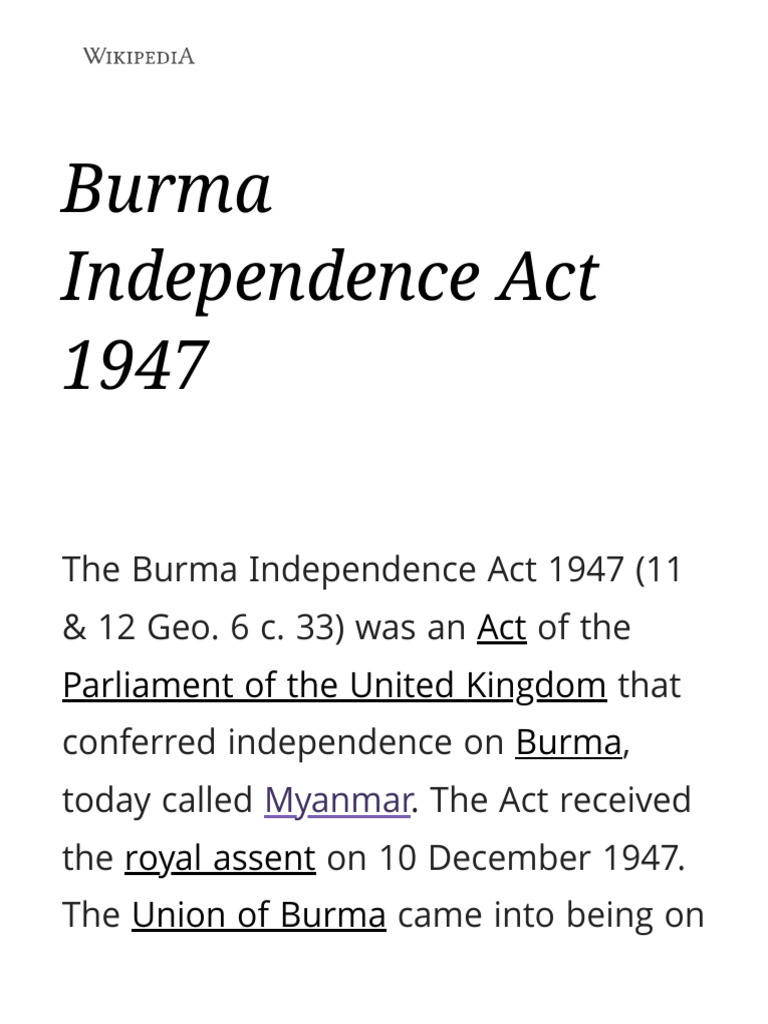 Burma Independence Act 1947 - Wikipedia | PDF | Act Of Parliament ...