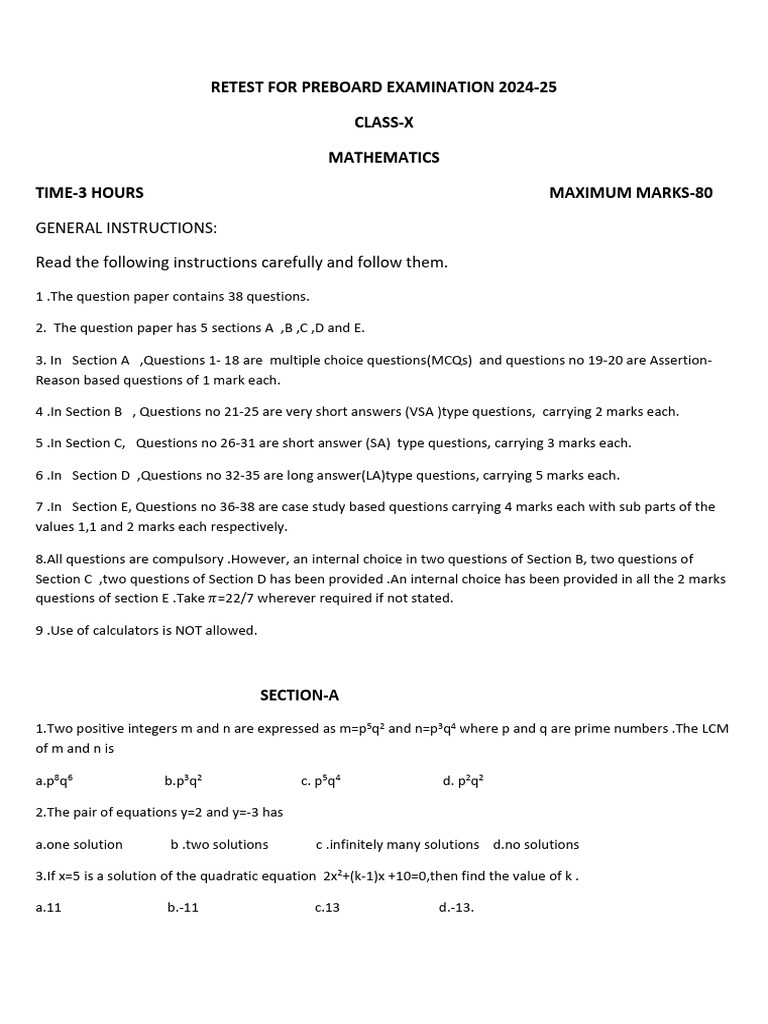 Class X Mathematics Preboard Exam 2024-25 | PDF | Quadratic Equation | Arithmetic