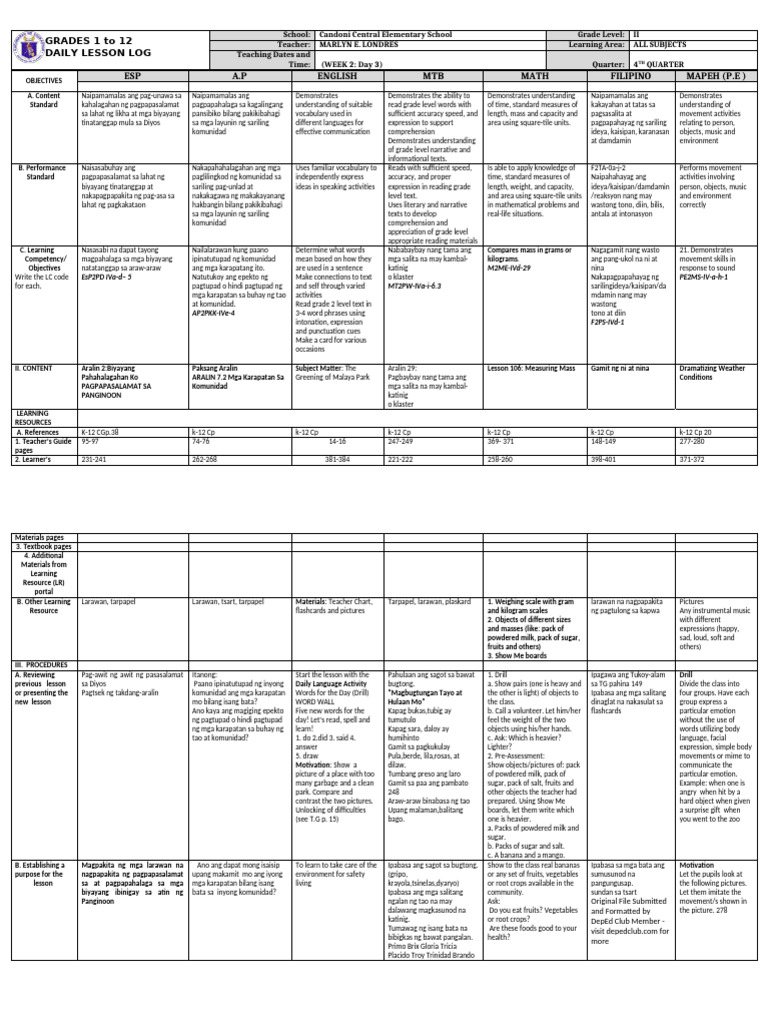 DLL - All Subjects 2 - Q4 - W2 - D3 | PDF | Reading Comprehension
