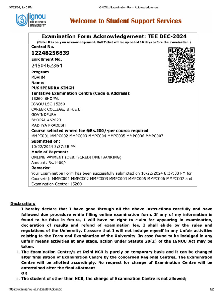 1st sem exam form | PDF