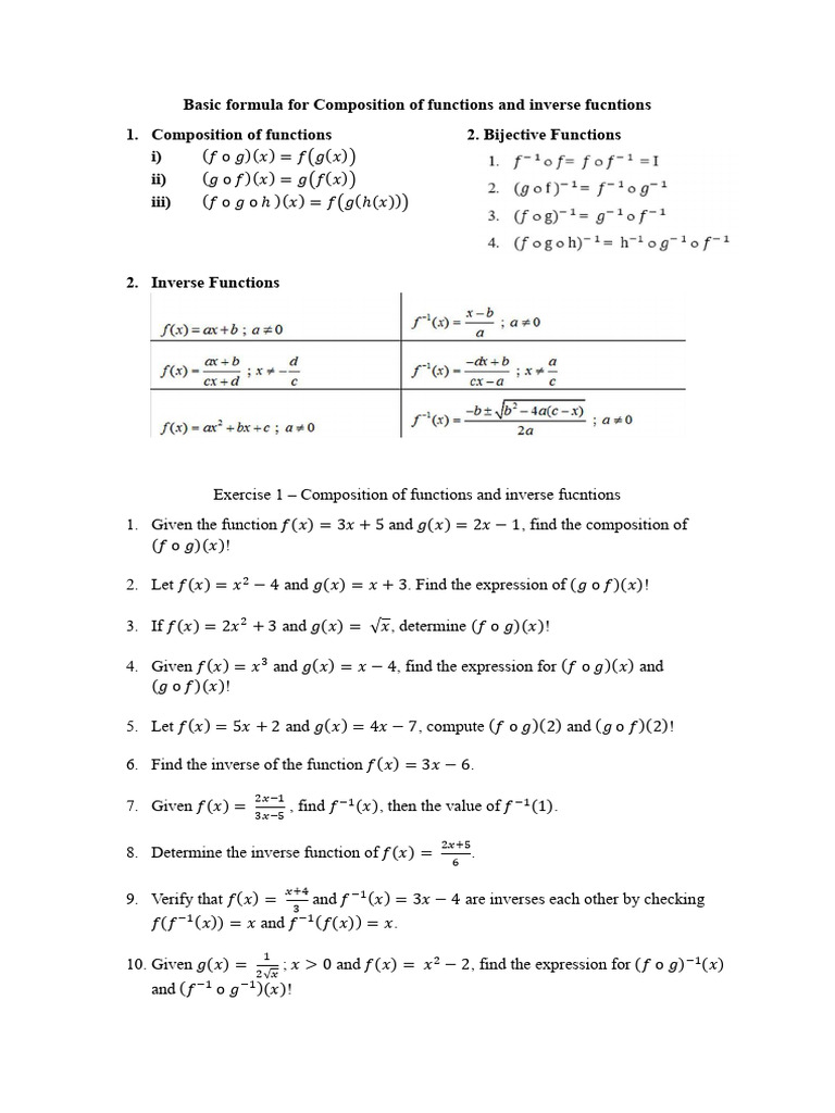Exercise and Formula For Composition of Functions and Inverse Fucntions ...