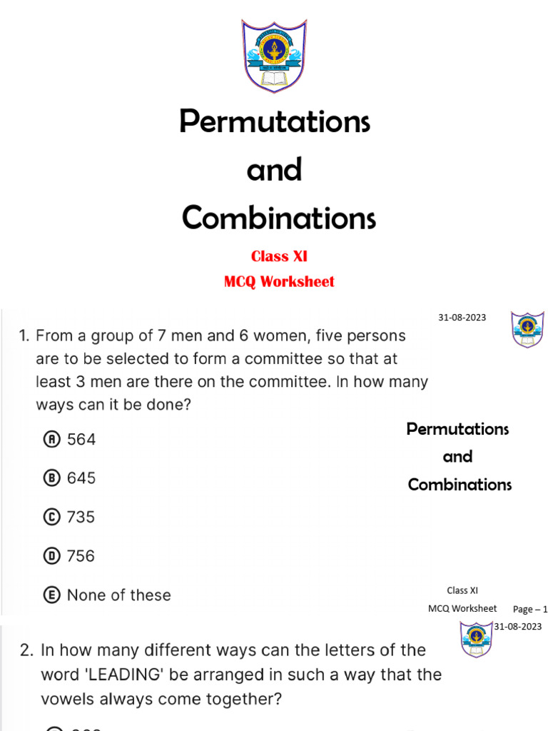 22476-Permutations Combinations XI MCQ WS Sanjeet 2023 | PDF