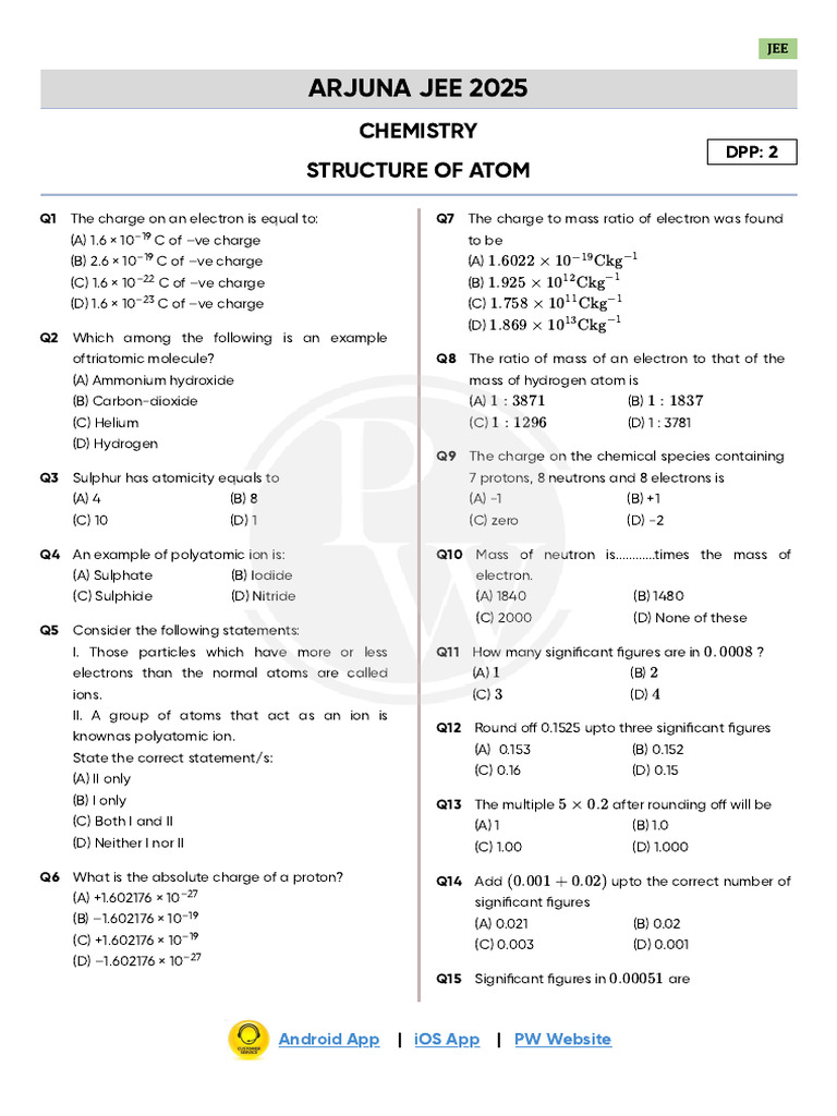 003) Atomic Structure DPP 02 (Of Lec 03) Arjuna JEE 2025 | PDF | Ion | Atoms