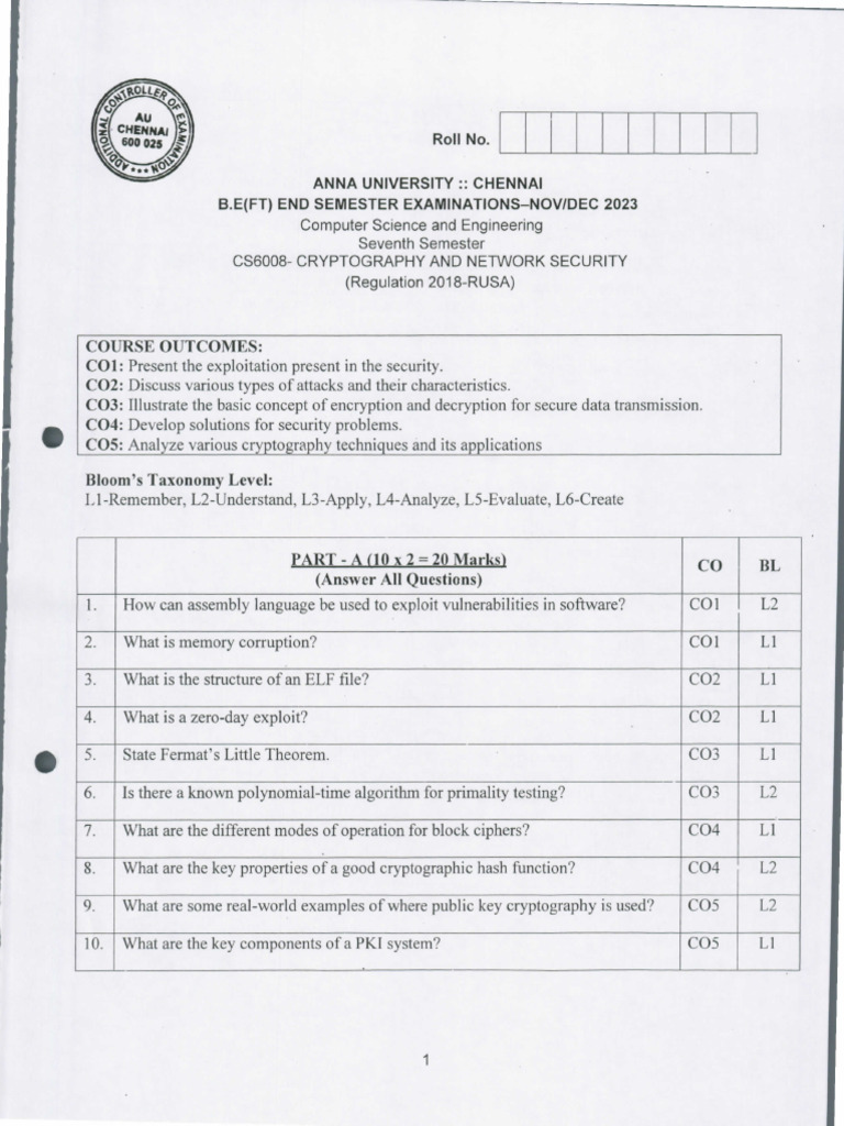 Cryptography and Network Security Exam Guide | PDF | Cryptography | Public Key Cryptography