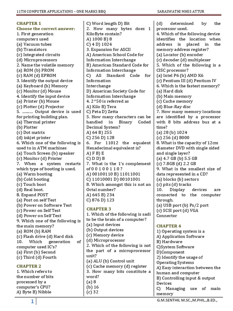 11th Computer Applications EM 1 Marks Book Back Questions English ...