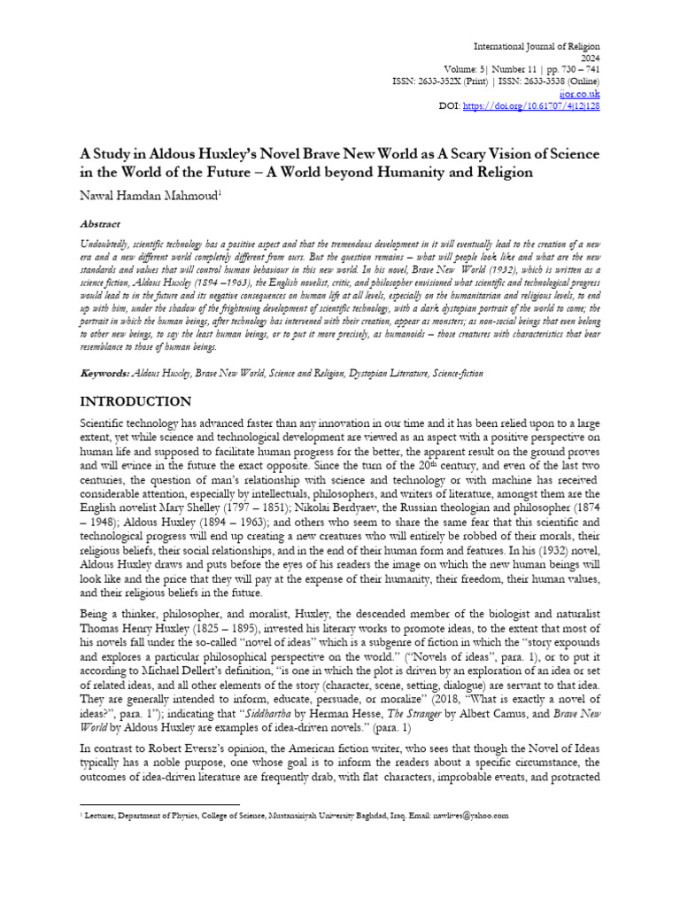 A Study in Aldous Huxleys Novel Brave New World A | PDF | Novels