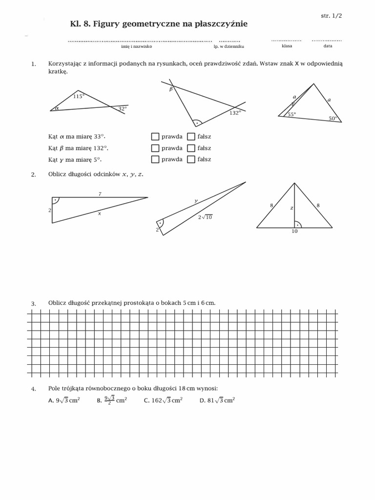 SP Klasa 8 - FIGURY GEOMETRYCZNE POWTÓRZENIE | PDF