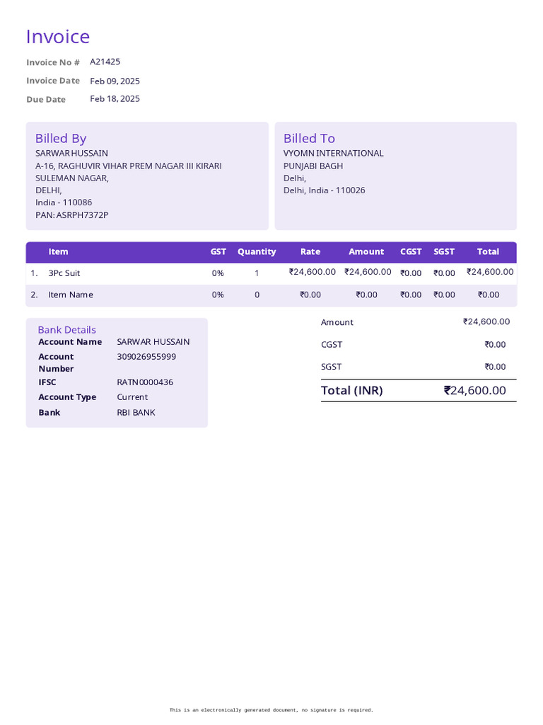 Invoice A21215 Sarwar Hussain BJ Mens Wear | PDF