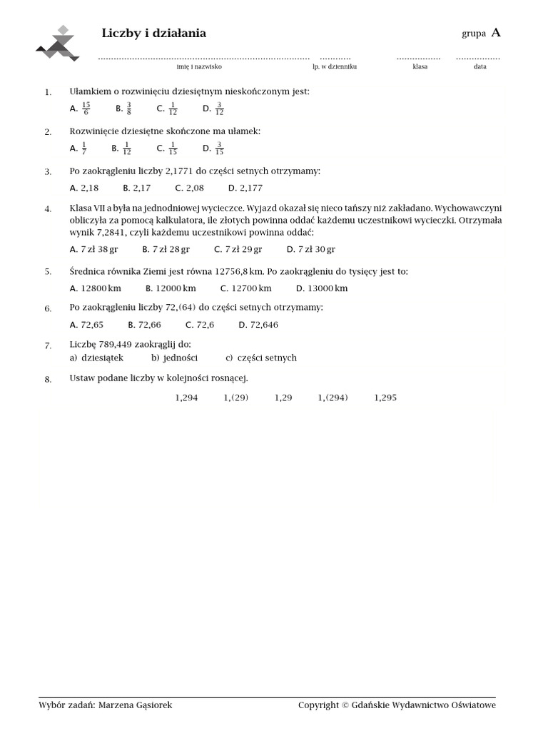 SP Klasa 7 Kartkówka Liczby I Działania | PDF