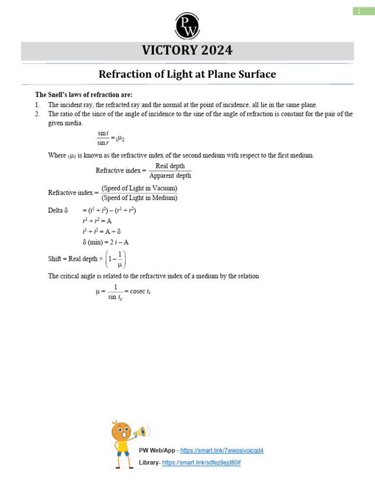 Refraction_of_Light_at_Plane_Surface_Formula_Sheet_Victory_2024 | PDF