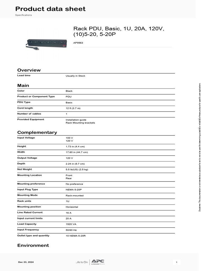 APC - NetShelter Basic Rack PDUs - AP9563 | PDF | Manufactured Goods ...