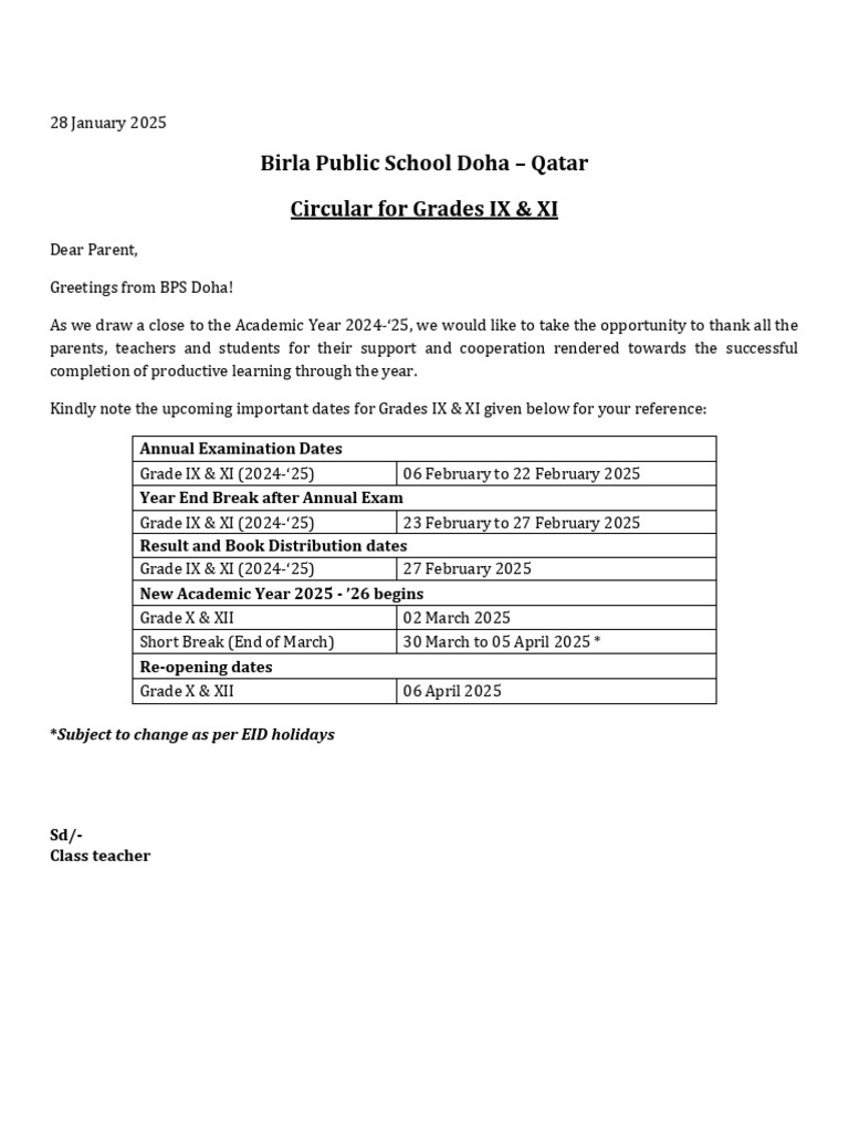 Circular - Year End and New AY Dates For Grades IX & XI | PDF