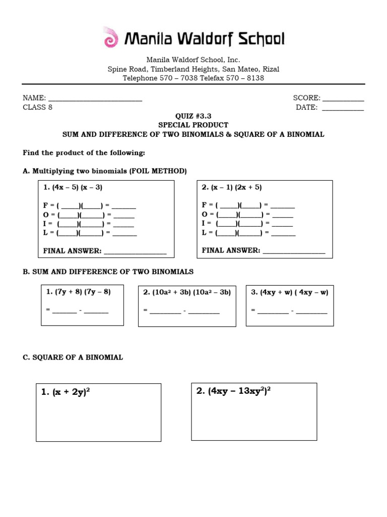 Algebra Quiz: Binomial Products | PDF