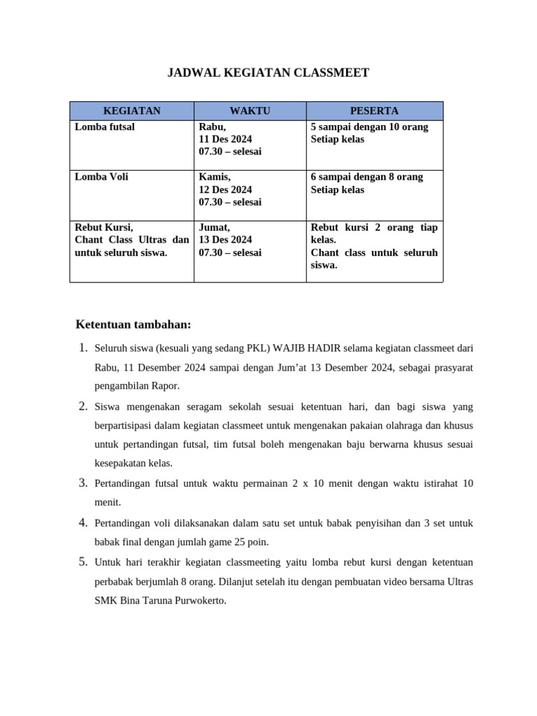 Jadwal Kegiatan Classmeet | PDF