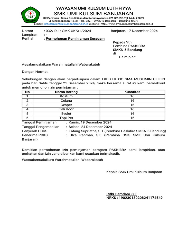 Surat Izin Peminjaman Seragam SMK Umi Kulsum | PDF