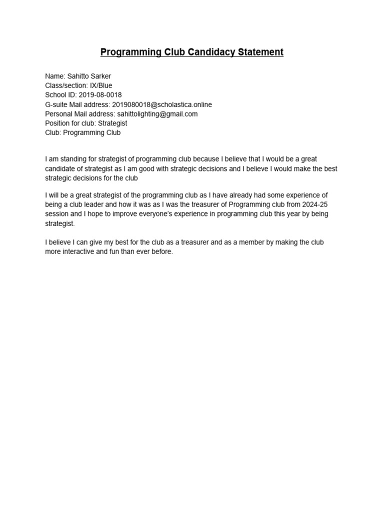 Programming Club Candidacy Statement | PDF