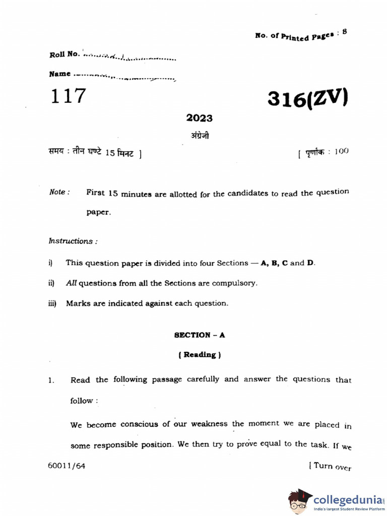UP Board Class 12 English Question Paper 2023 Code 316 ZV | PDF
