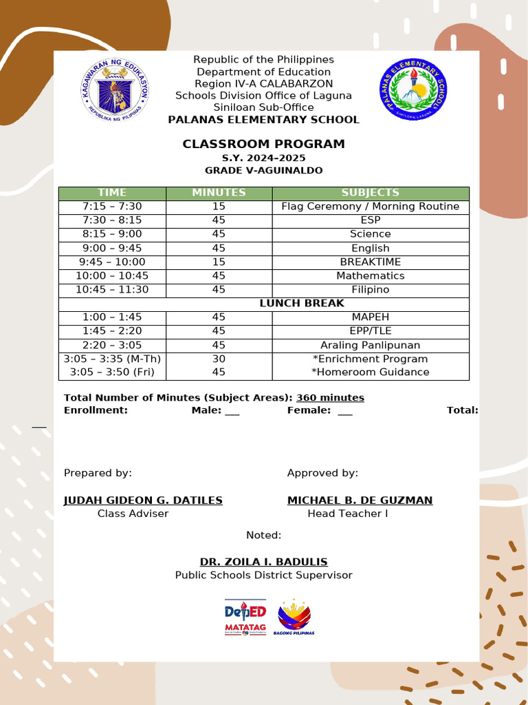 Classroom-Program-Grade-V-Aguinaldo-2024-2025 | PDF