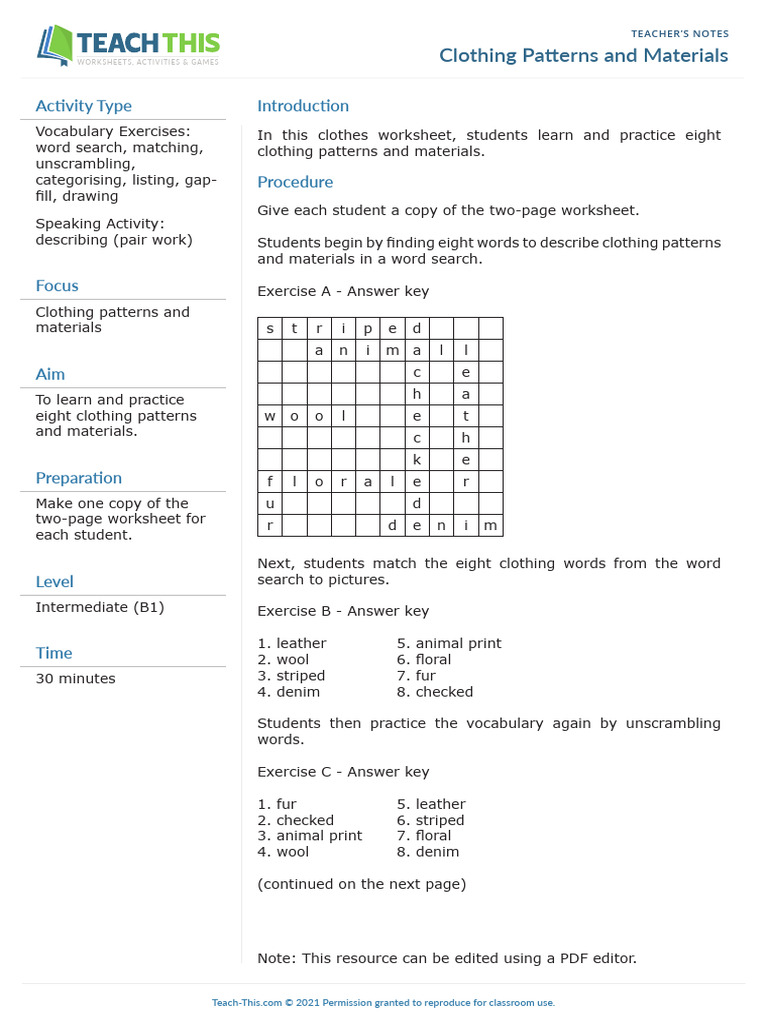 Clothing Patterns and Materials Worksheet | PDF | Clothing | Sweater