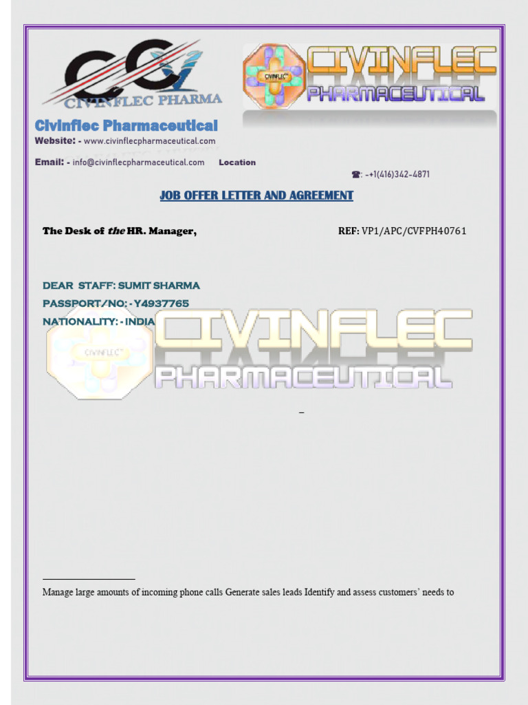 Civinflec Pharma Job Offer Letter | PDF | Salary | Employment