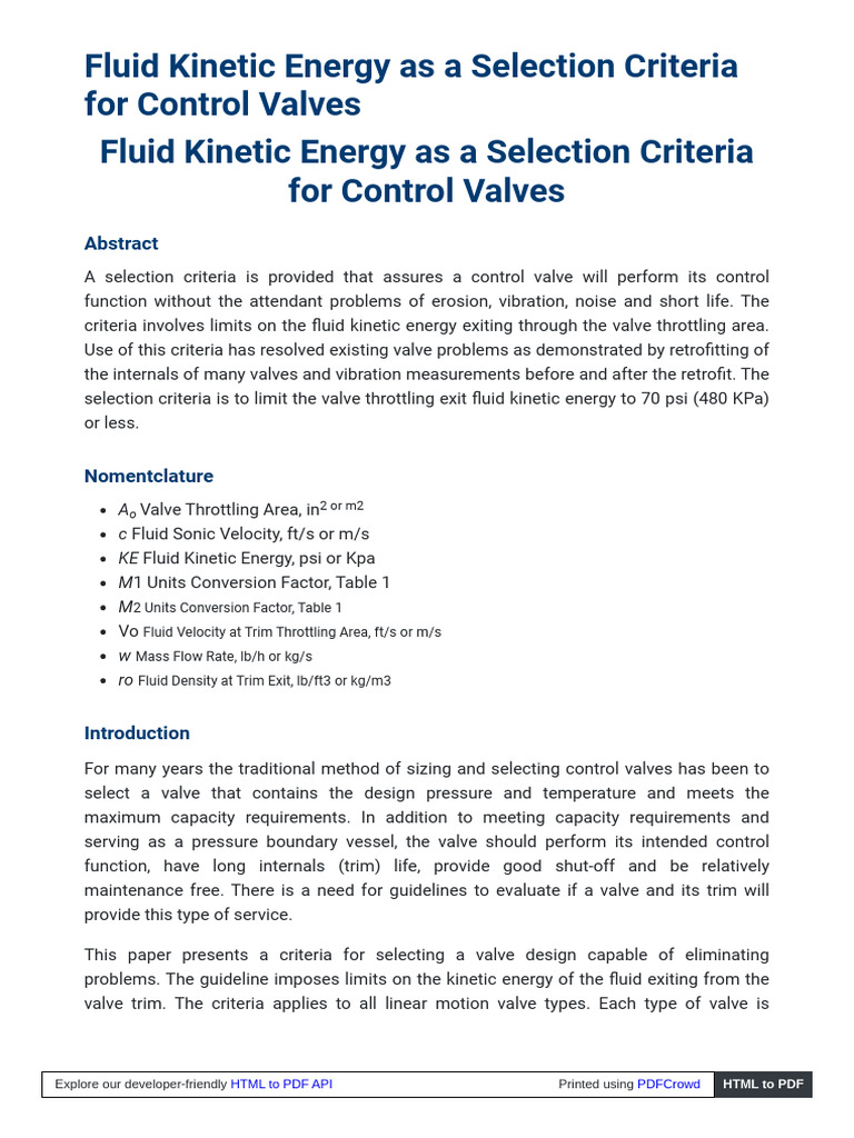 Fluid Kinetic Energy As A Selection Criteria For Control Valves | PDF ...