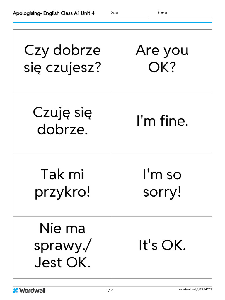 Apologising English Class A1 Unit 4 Flash Cards | PDF
