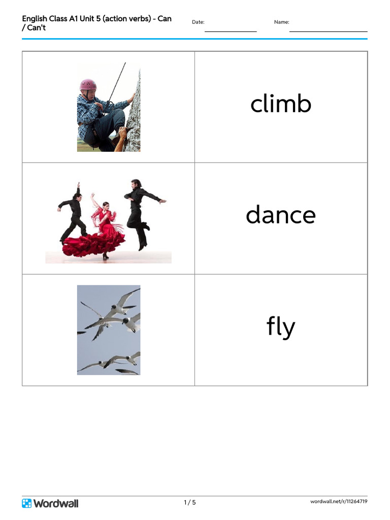 English Class A1 Unit 5 Action Verbs Can Cant Flash Cards | PDF