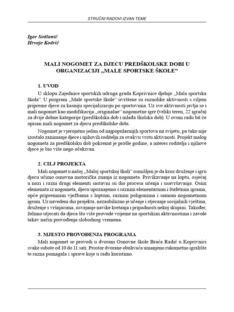 Mali Nogomet Za Djecu Predškolske Dobi | PDF